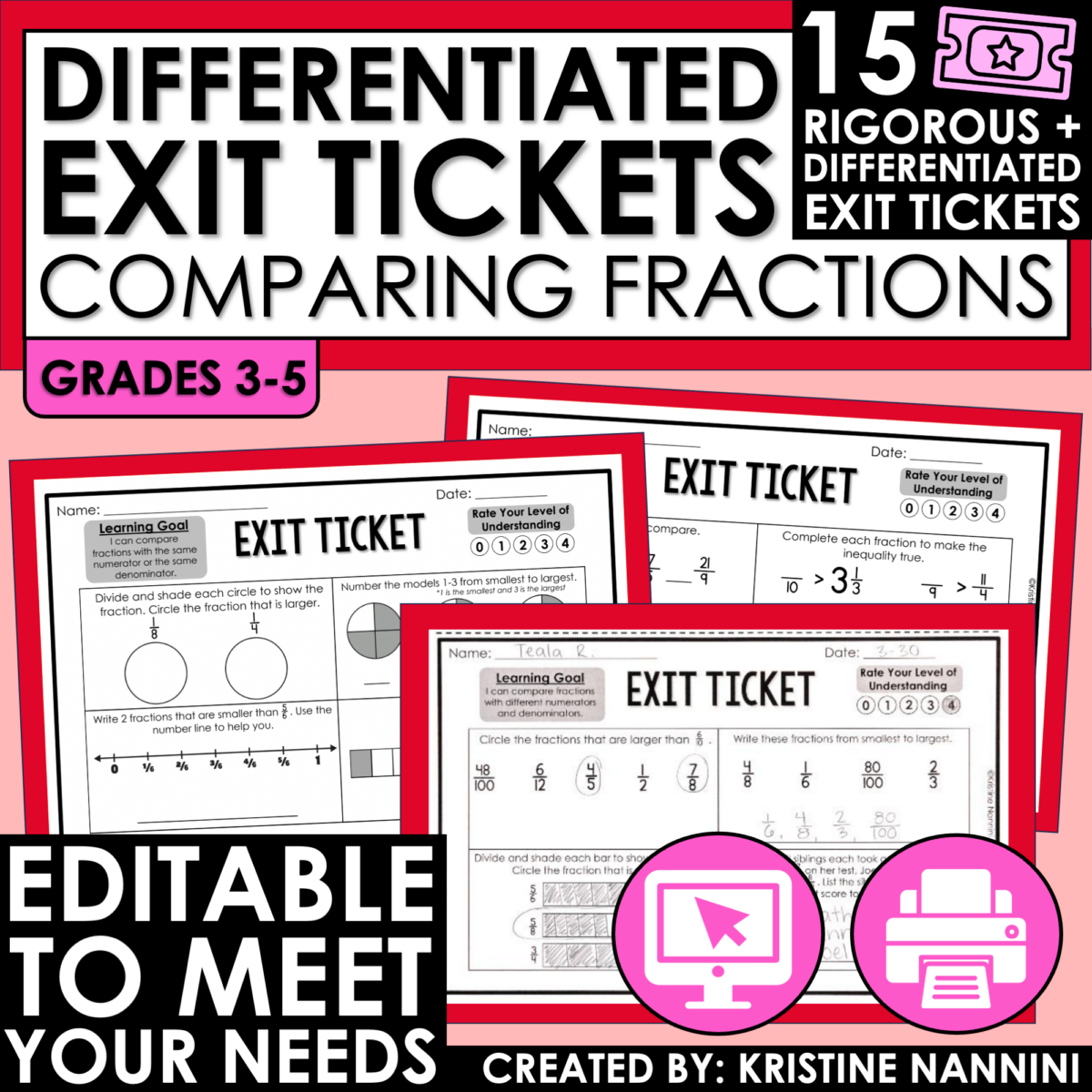 Comparing Fractions Exit Tickets Differentiated Math Assessments