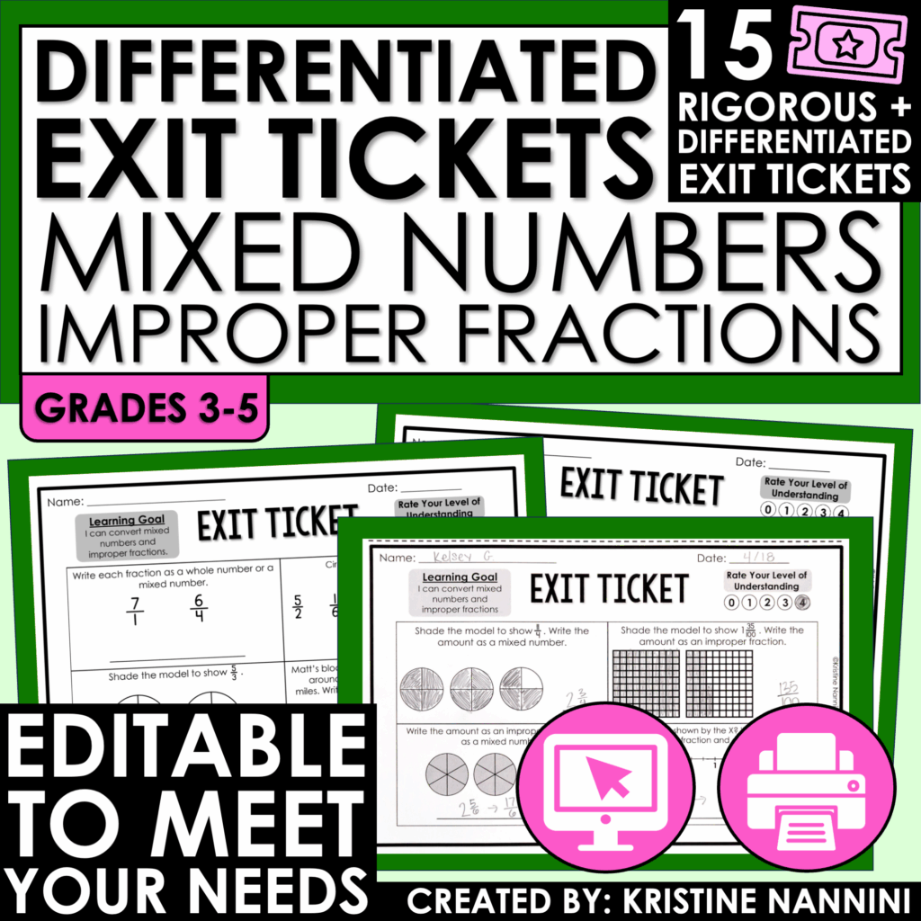 Mixed Numbers Improper Fractions Exit Tickets - Differentiated - Google ...