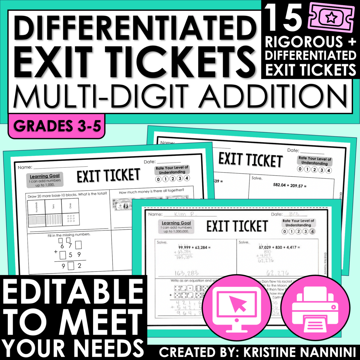 Multi-Digit Addition Exit Tickets - Differentiated Math Assessment ...