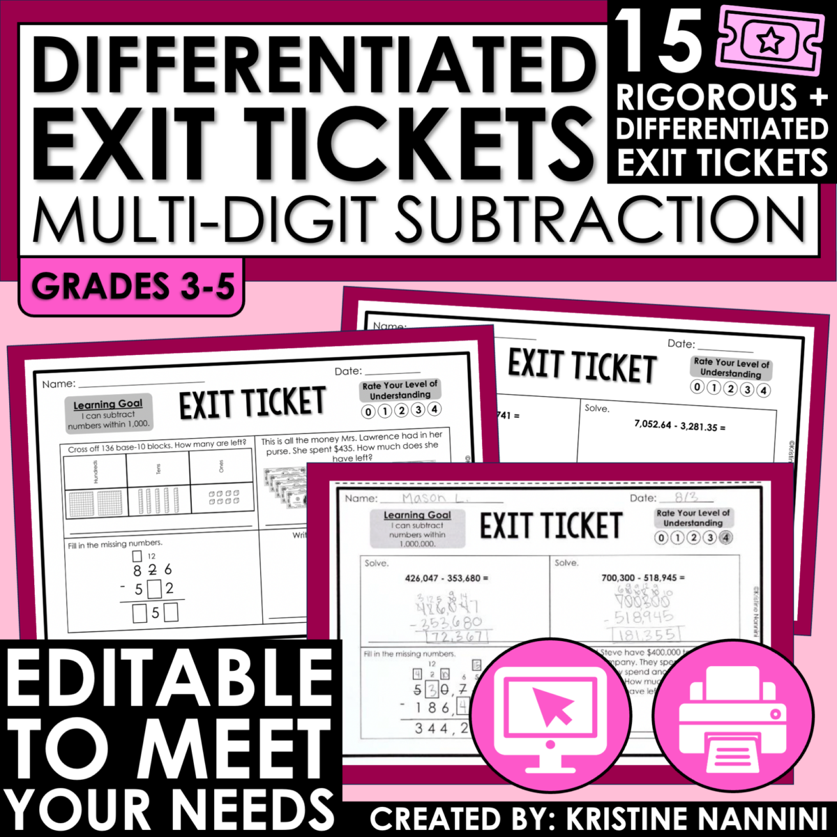 Multi-Digit Subtraction Regrouping Exit Tickets - Differentiated ...