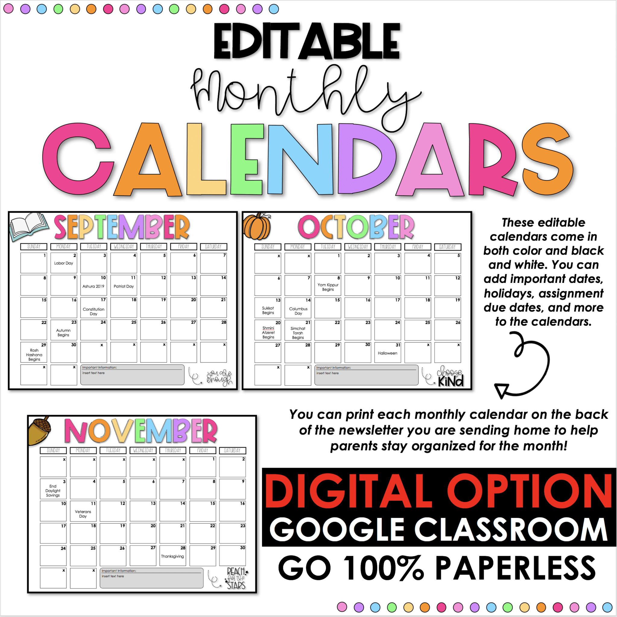 Monthly and Weekly Editable Newsletters and Calendars