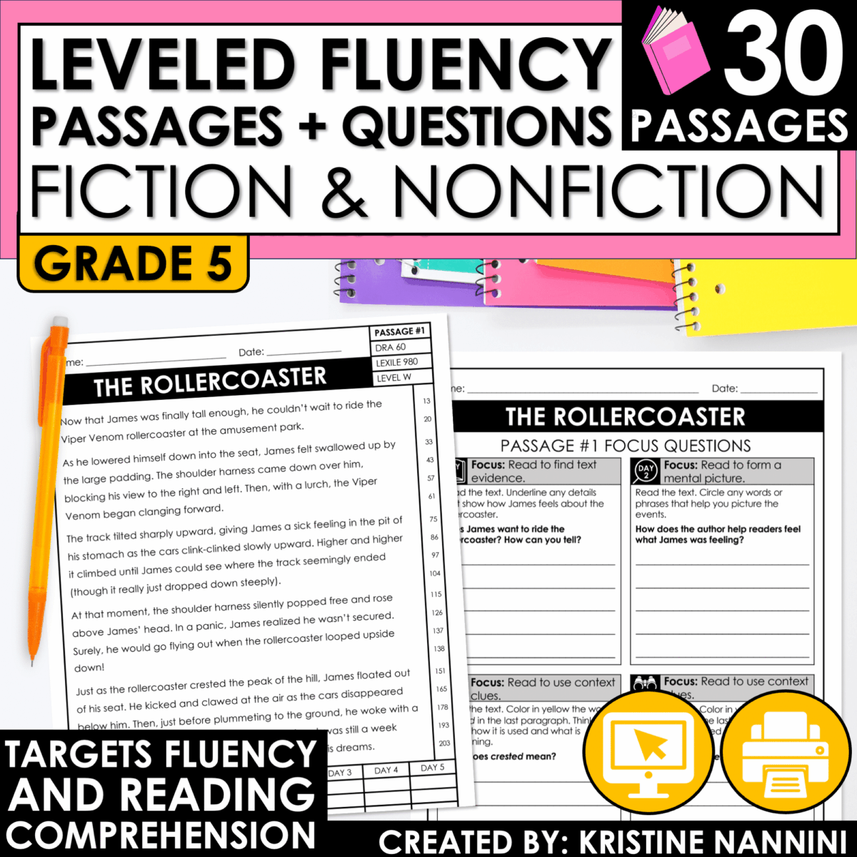 5th Grade Leveled Fluency Passages with Comprehension